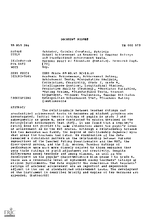 (PDF) School Achievement as Measured by Teacher Ratings and ...