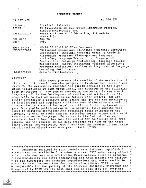 (PDF) An Evaluation of the French Immersion Program, Kindergarten-Grade Two