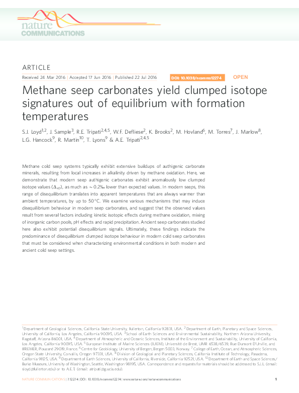 (PDF) ARTICLE Methane seep carbonates yield clumped isotope signatures ...