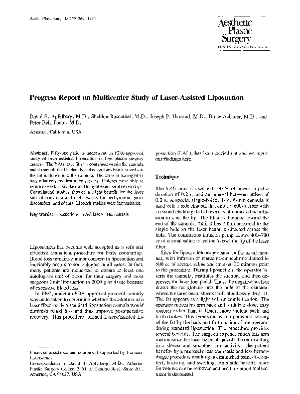 (PDF) Progress report on multicenter study of laser-assisted liposuction