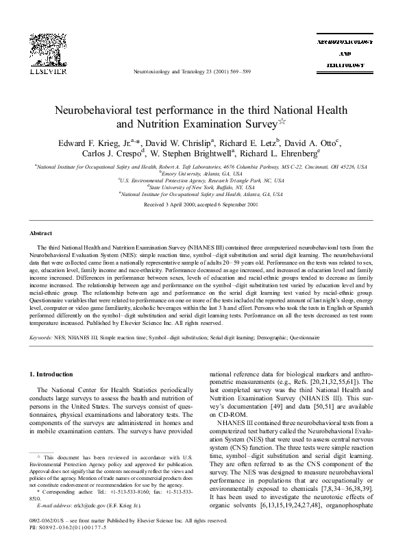 (PDF) Neurobehavioral test performance in the third National Health and ...