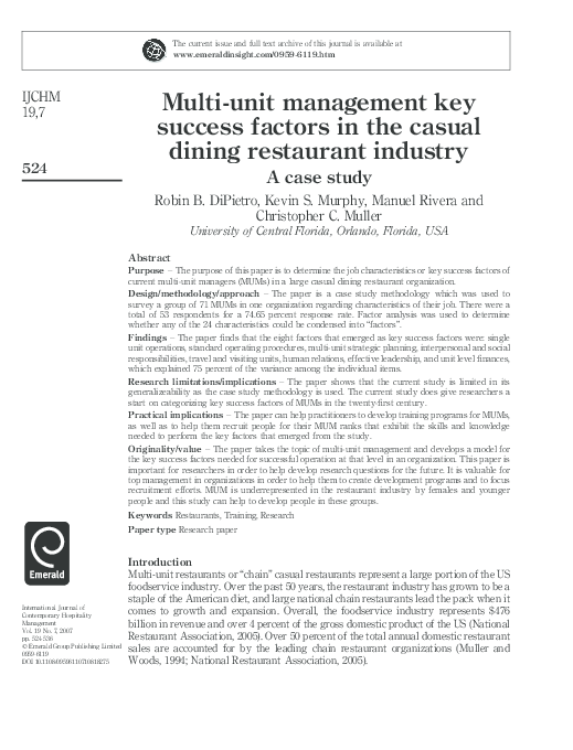 (PDF) Multi-unit management key success factors in the casual dining ...