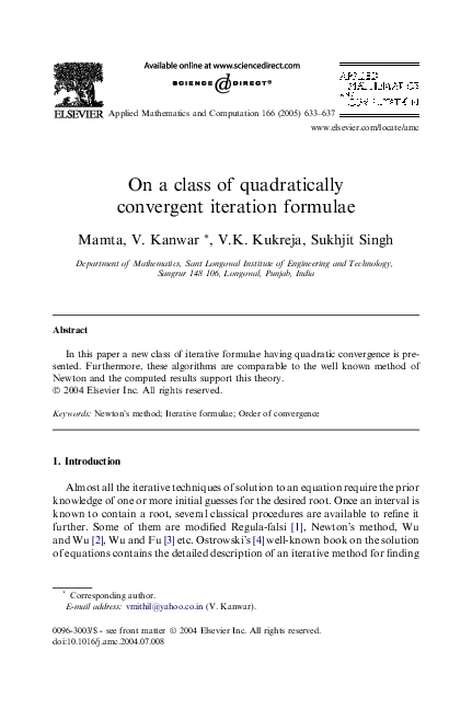 Pdf On A Class Of Quadratically Convergent Iteration Formulae
