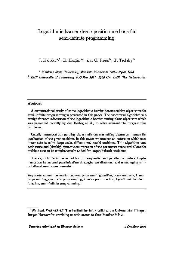 Pdf Logarithmic Barrier Decomposition Methods For Semi Infinite Programming