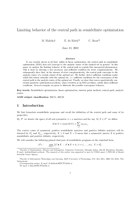 Pdf Limiting Behavior Of The Central Path In Semidefinite Optimization