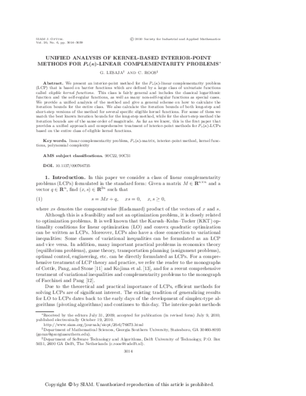 Pdf Unified Analysis Of Kernel Based Interior Point Methods For Pkappa Linear