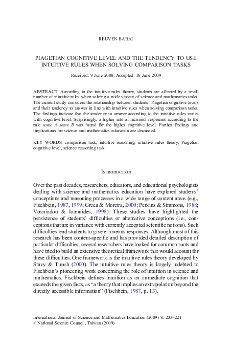 (PDF) Piagetian Cognitive Level and the Tendency to Use Intuitive Rules ...