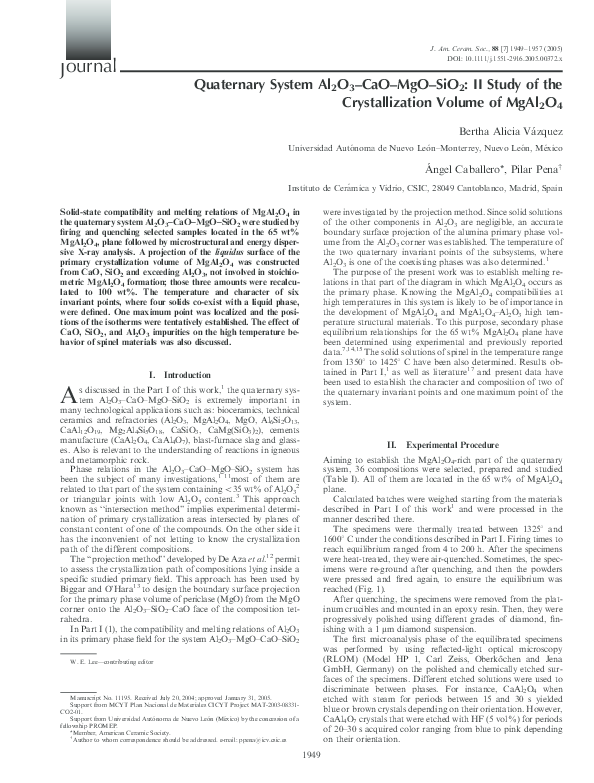 (PDF) Quaternary System Al2O3-CaO-MgO-SiO2: II Study of the Crystallization Volume of MgAl2O4