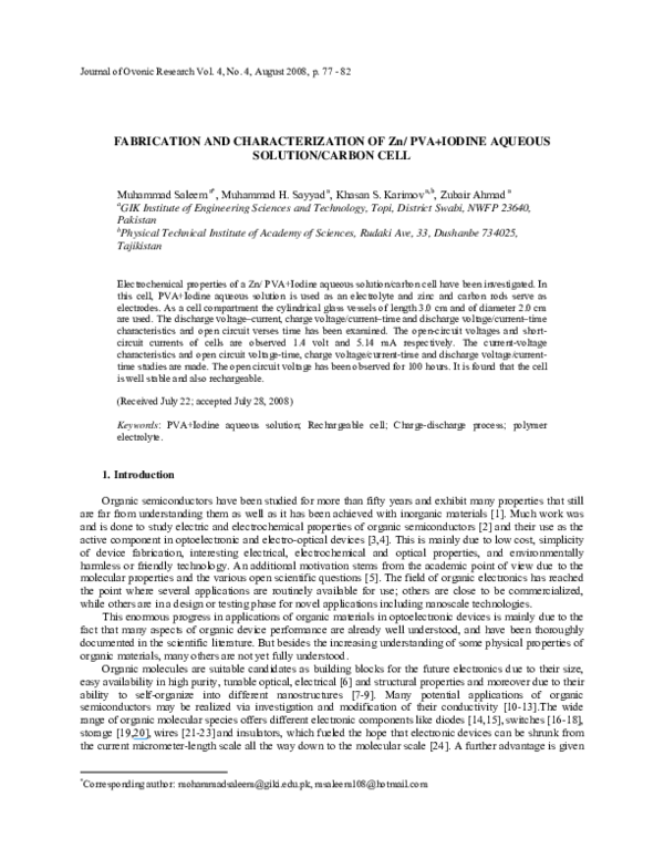 (PDF) FABRICATION AND CHARACTERIZATION OF Zn/ PVA+IODINE AQUEOUS ...