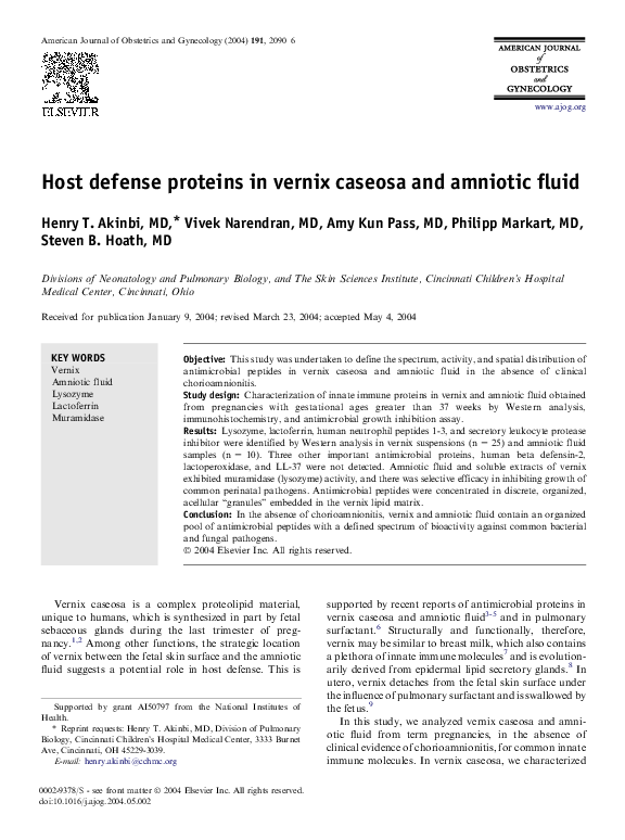 (PDF) Host defense proteins in vernix caseosa and amniotic fluid
