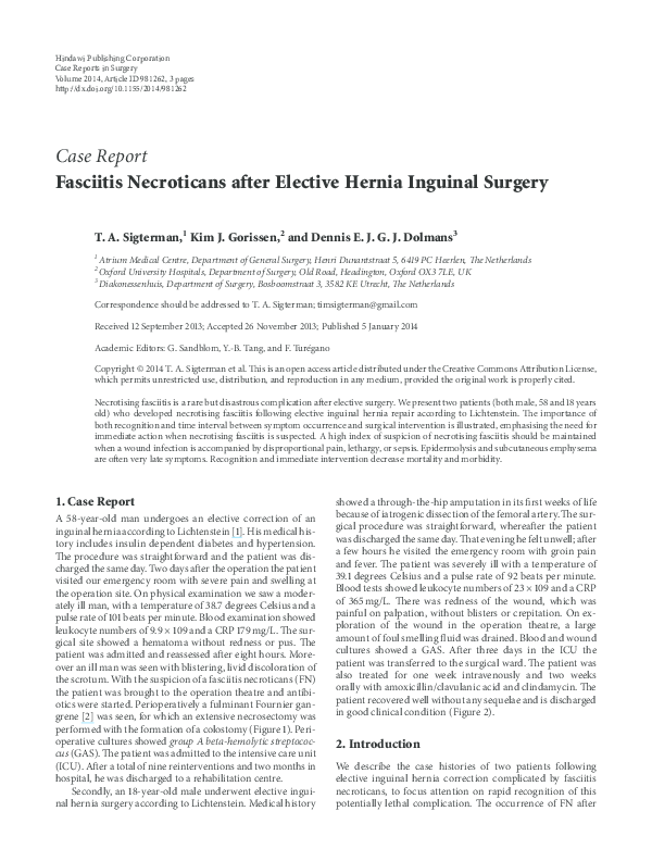 (PDF) Fasciitis Necroticans after Elective Hernia Inguinal Surgery