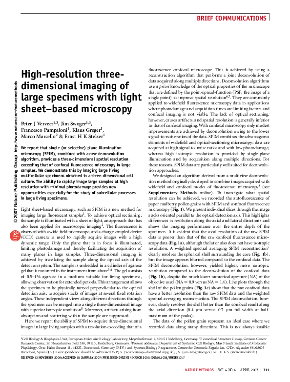 (PDF) High-resolution three-dimensional imaging of large specimens with light sheet–based microscopy