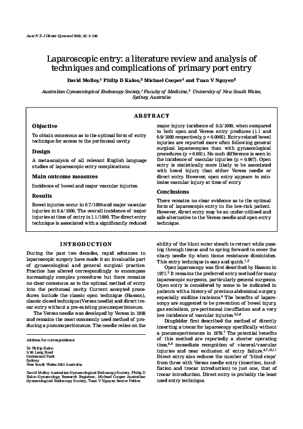 (PDF) Laparoscopic entry: a literature review and analysis of techniques and complications of ...