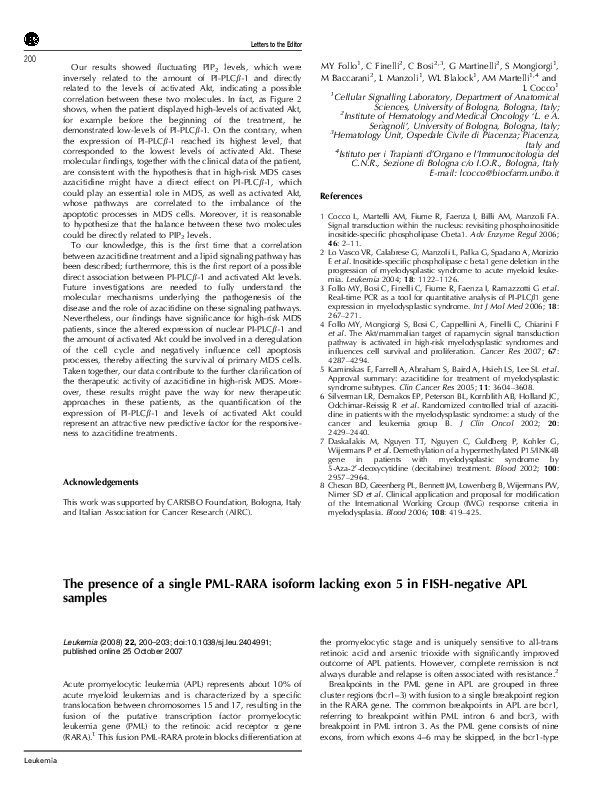 (PDF) The presence of a single PML-RARA isoform lacking exon 5 in FISH ...