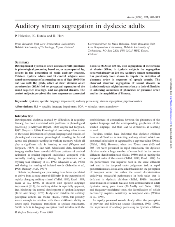 (PDF) Auditory stream segregation in dyslexic adults