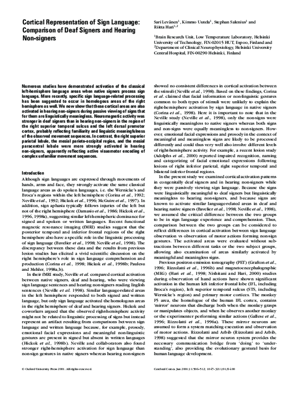 (PDF) Cortical Representation of Sign Language: Comparison of Deaf Signers and Hearing Non-signers