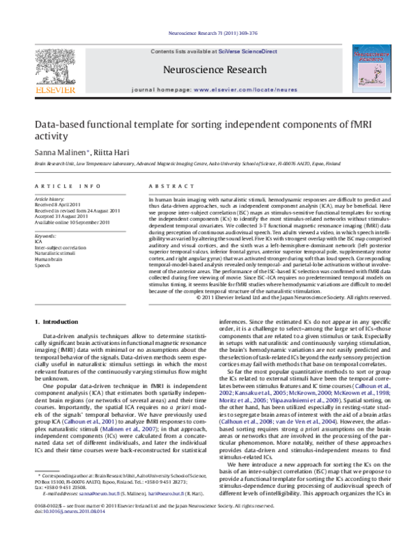 (PDF) Data-based functional template for sorting independent components of fMRI activity