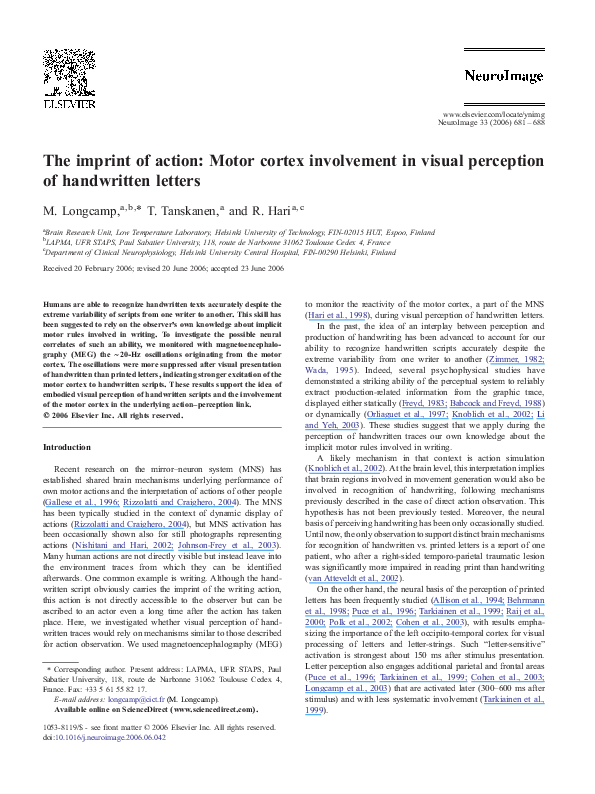 (PDF) The imprint of action: Motor cortex involvement in visual ...