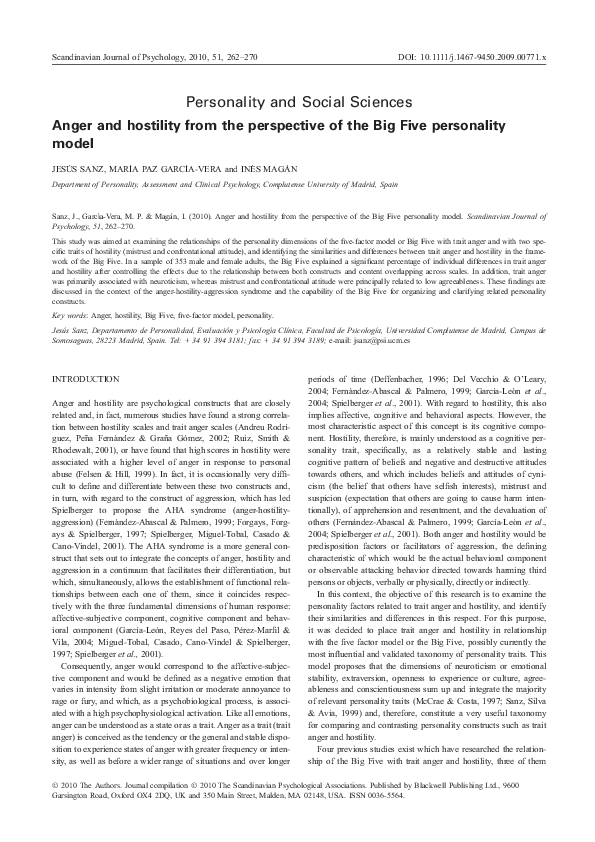(PDF) Anger and hostility from the perspective of the Big Five ...