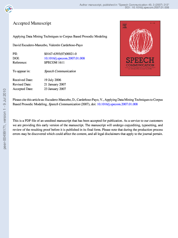 Pdf Applying Data Mining Techniques To Corpus Based Prosodic Modeling