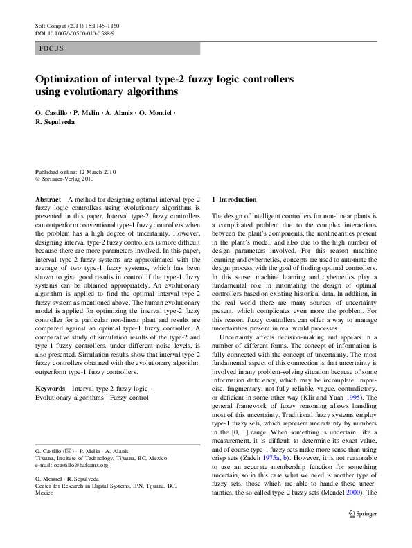 Pdf Optimization Of Interval Type 2 Fuzzy Logic Controllers For A 