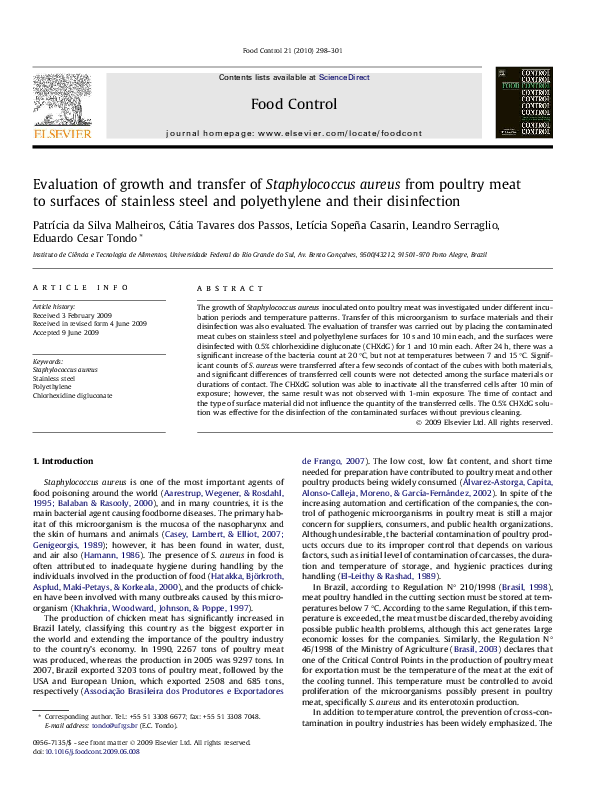 Pdf Evaluation Of Growth And Transfer Of Staphylococcus Aureus From Poultry Meat To Surfaces