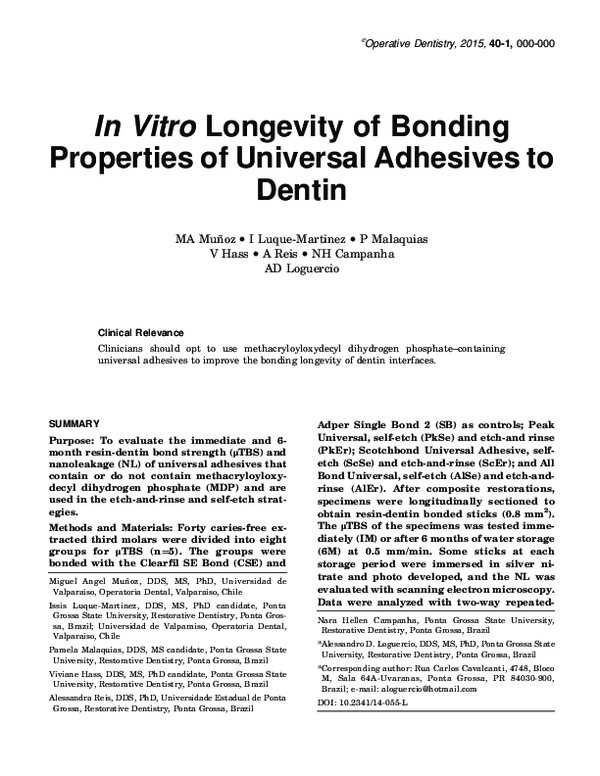 (PDF) In Vitro Longevity of Bonding Properties of Universal Adhesives ...