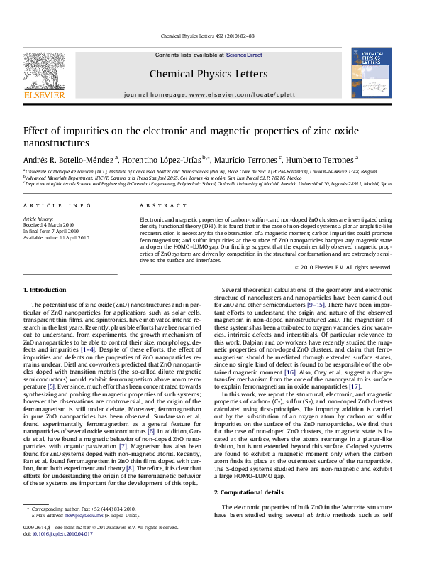 (PDF) Effect of impurities on the electronic and magnetic properties of zinc oxide nanostructures