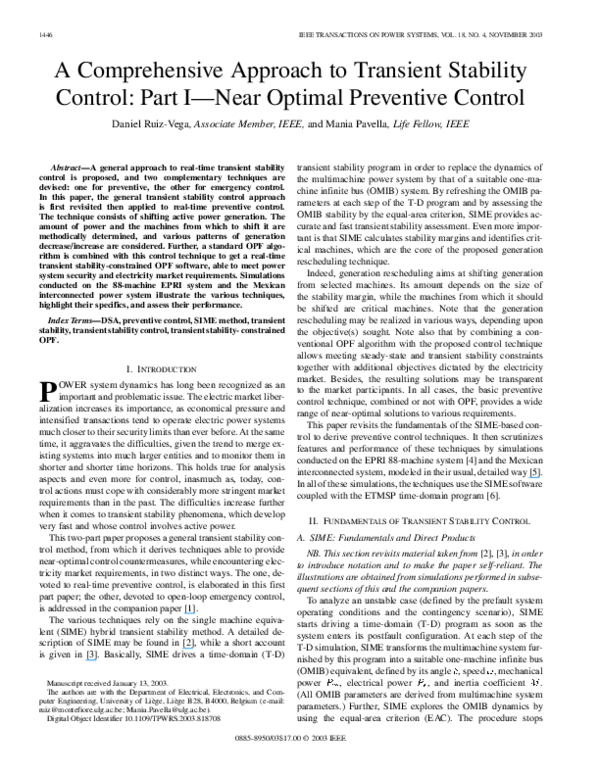 (PDF) A comprehensive approach to transient stability control. I. Near optimal preventive ...