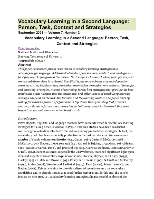 (DOC) Vocabulary Learning in a Second Language: Person, Task, Context ...