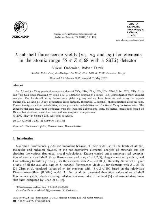 (PDF) L-subshell fluorescence yields (omega1, omega2 and omega3) for elements in the atomic ...
