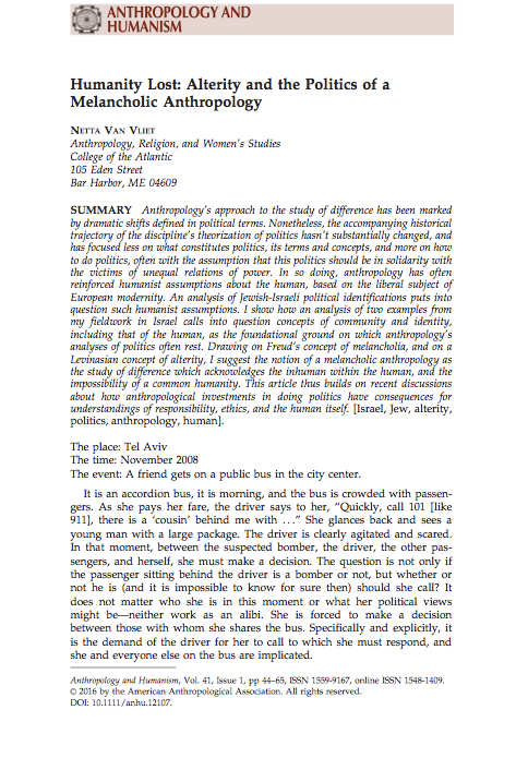 Humanity Lost: Alterity and the Politics of a Melancholic Anthropology