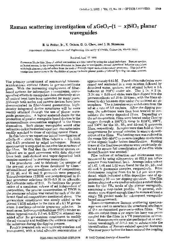 (PDF) Raman scattering investigation of xGeO2-(1 - x)SiO2 planar waveguides