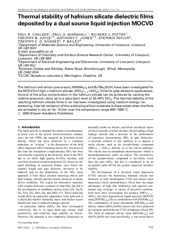 (PDF) Thermal stability of hafnium silicate dielectric films deposited ...