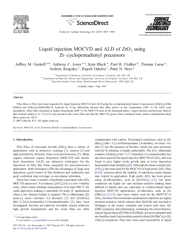(PDF) Liquid injection MOCVD and ALD of ZrO 2 using Zr–cyclopentadienyl ...