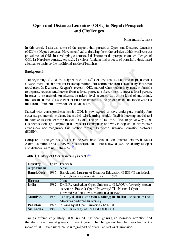 (PDF) Open and Distance Learning (ODL) in Nepal: Prospects and Challenges