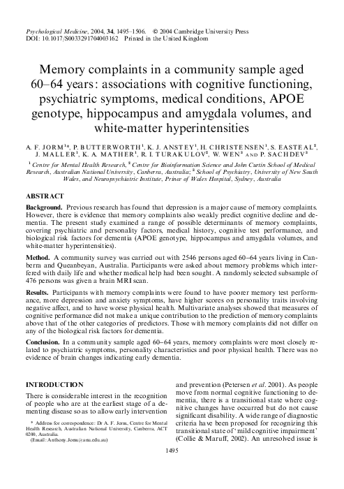 (PDF) Memory complaints in a community sample aged 60–64 years ...