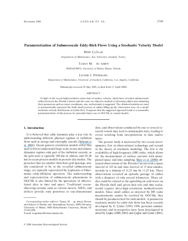 (PDF) Parameterization of Submesoscale Eddy-Rich Flows Using a Stochastic Velocity Model