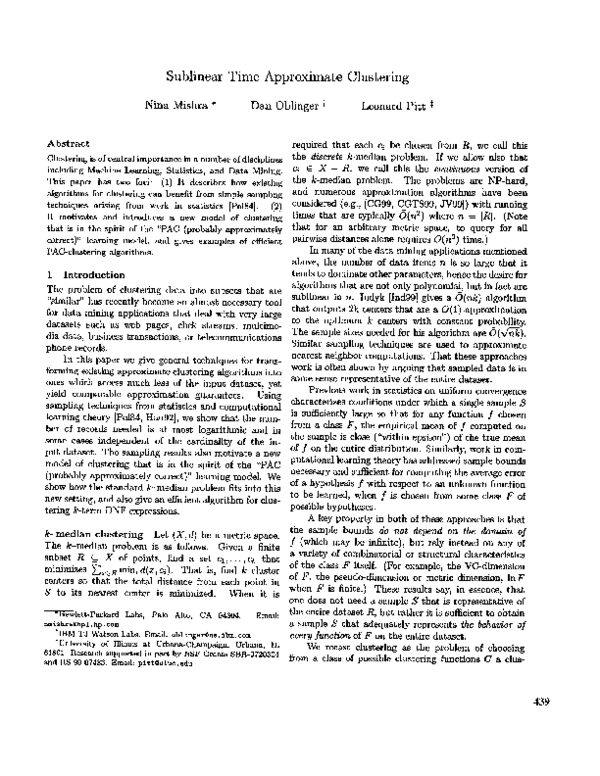 (PDF) Sublinear time approximate clustering