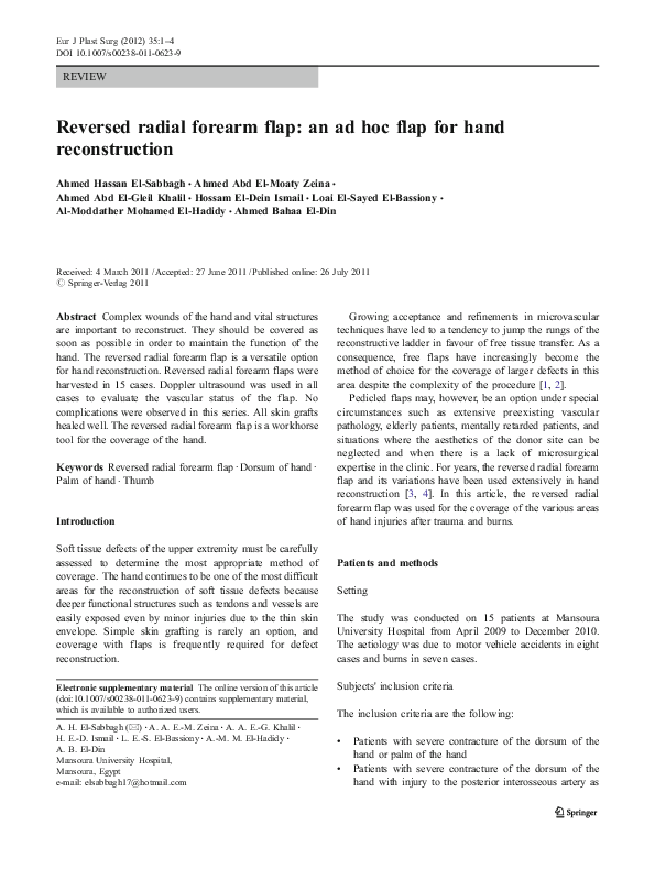 (PDF) Reversed radial forearm flap: an ad hoc flap for hand reconstruction