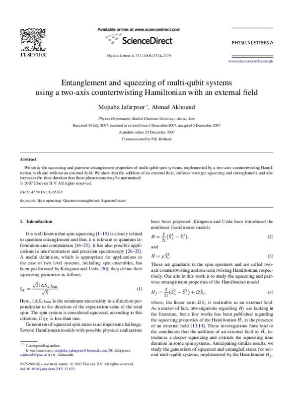 (PDF) Entanglement and squeezing of multi-qubit systems using a two-axis countertwisting ...