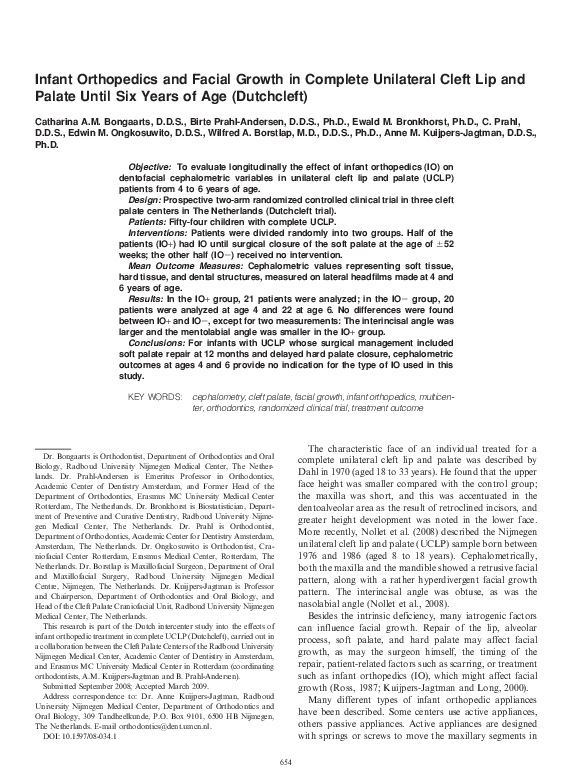 (PDF) Infant orthopedics and facial growth in complete unilateral cleft lip and palate until six ...