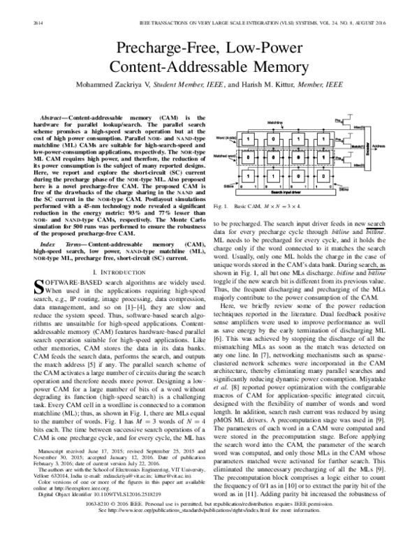 Pdf Precharge Free Low Power Content Addressable Memory 