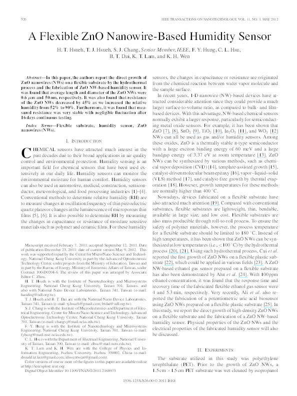 (PDF) A Flexible ZnO Nanowire-Based Humidity Sensor