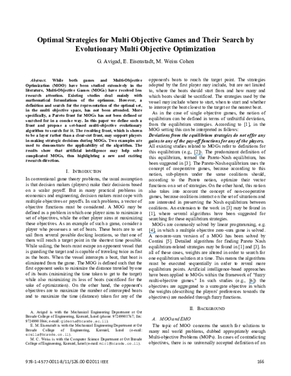 Pdf Optimal Strategies For Multi Objective Games And Their Search By Evolutionary Multi 