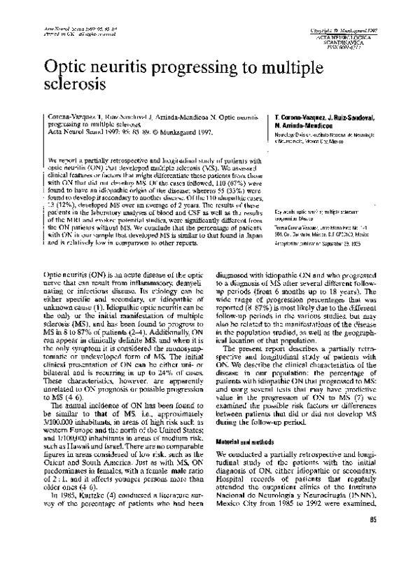(PDF) Optic neuritis progressing to multiple sclerosis