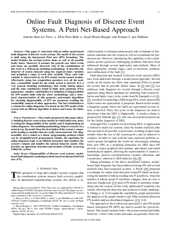 (PDF) Online Fault Diagnosis of Discrete Event Systems. A Petri Net-Based Approach