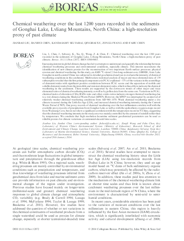 (PDF) Chemical weathering over the last 1200 years recorded in the ...