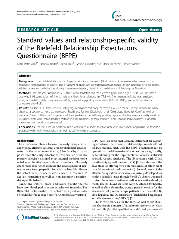 (PDF) Standard values and relationship-specific validity of the Bielefeld Relationship ...