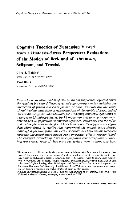 (PDF) Cognitive theories of depression viewed from a diathesis-stress ...